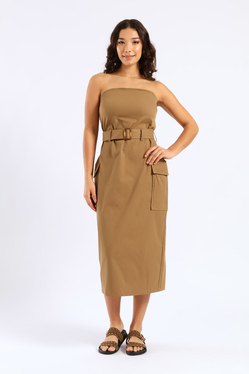 Belted Strapless Utility Midi Dress - Olive – LEGiT