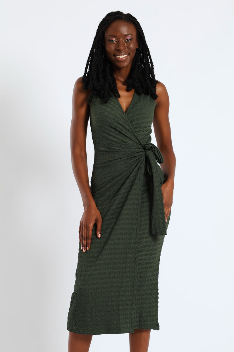 Sleeveless Wrap Textured Knit Dress - Olive – LEGiT