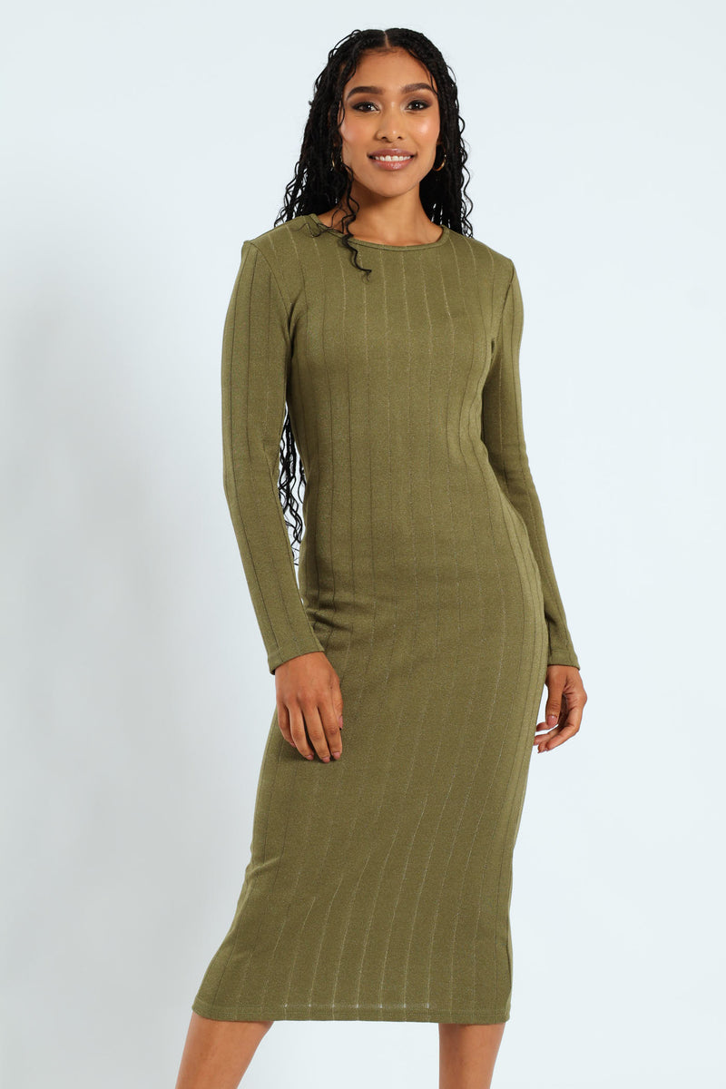 Long Sleeve Metallic Knit Dress - Olive – LEGiT