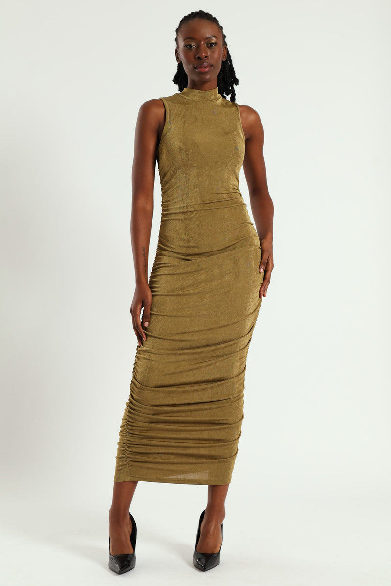 Sleeveless Cut Away Front Gauged Bodycon Dress - Olive – LEGiT