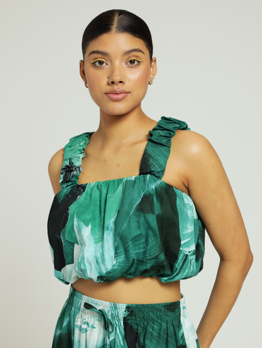 Ruched Strap Printed Poplin Crop Top - Green – LEGiT