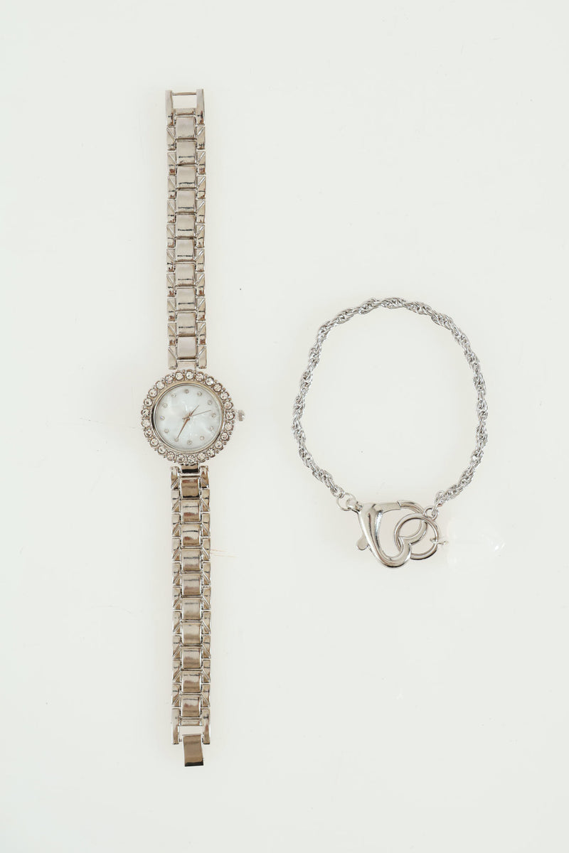 2 Tone Metal Strap Diamante Dial Watch & Bracelet - Silver – LEGiT