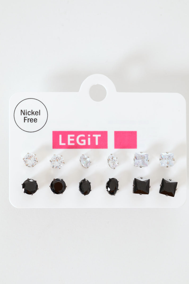 6 Pack Multi Diamante Stud Earrings - Silver – LEGiT