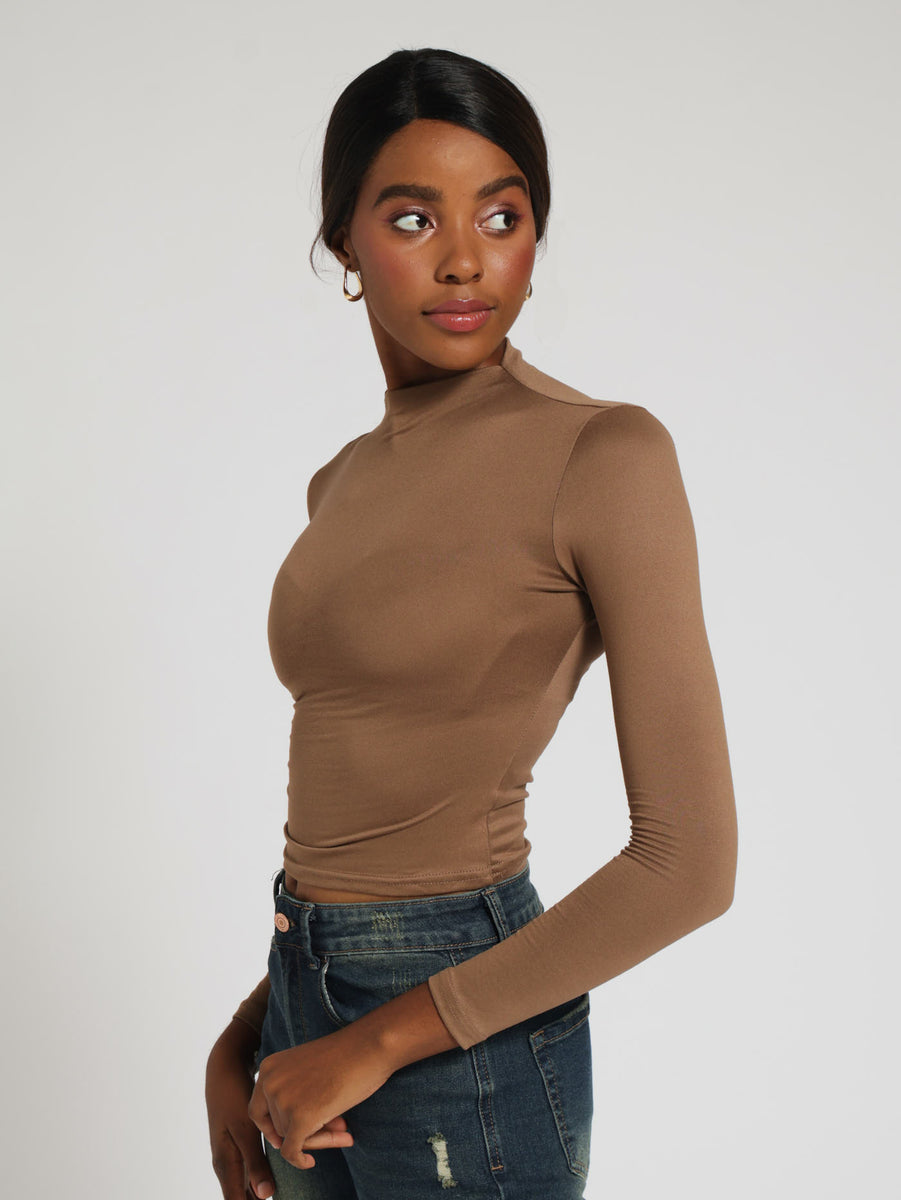 Long Sleeve High Neck Side Ruched Top - Brown – LEGiT