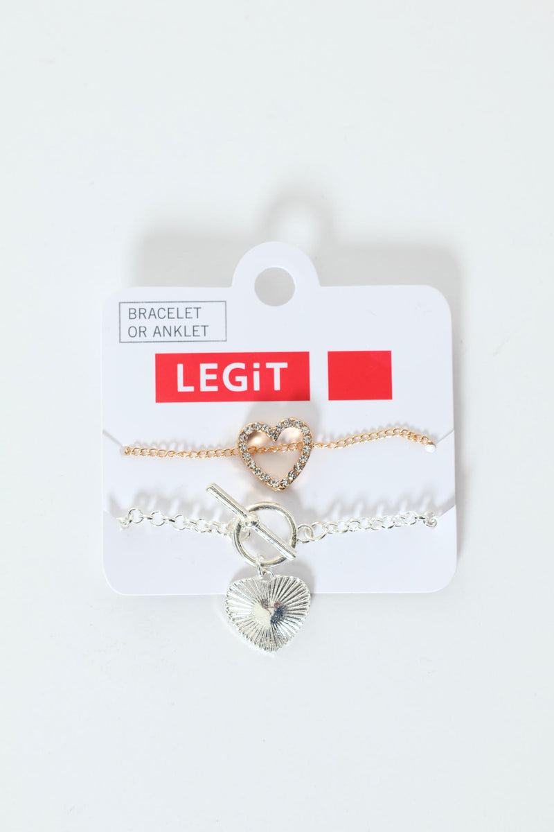 2 Pack Diamante Heart Bracelets - Multi – LEGiT