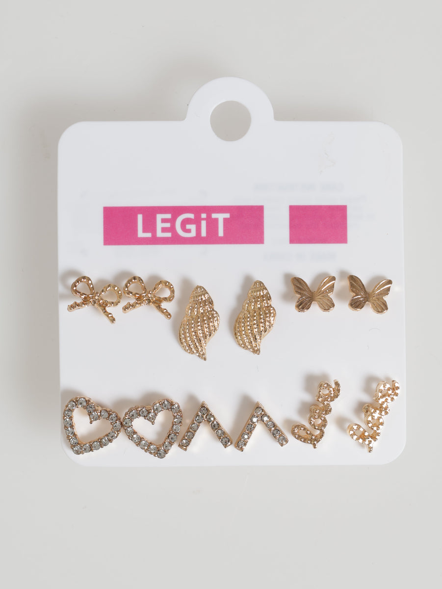 6 Pack Charm & Diamante Stud Earrings - Gold – LEGiT