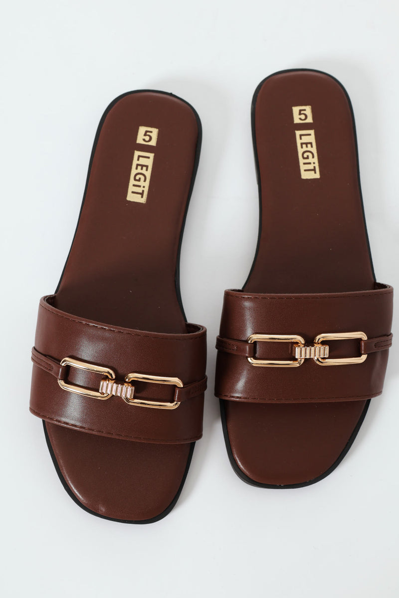 Flat One Strap Mule Sandal With Metal Link Trim - Chocolate – LEGiT