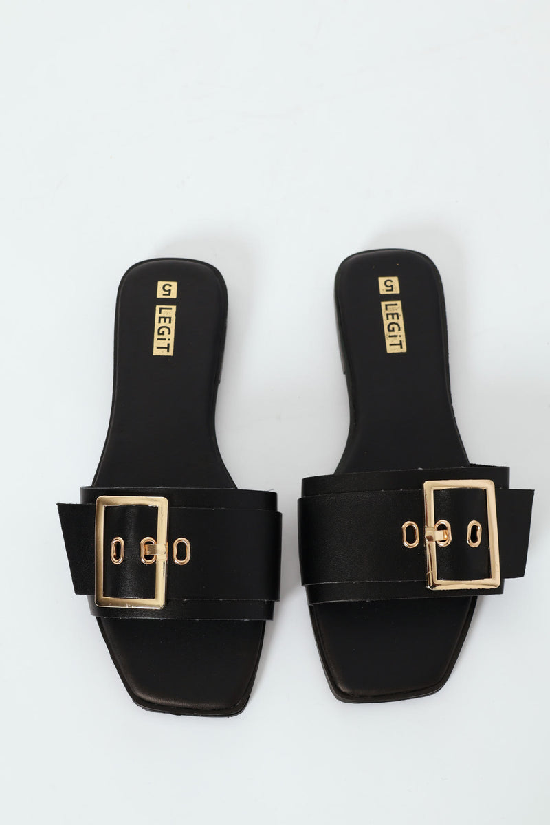Flat One Strap Buckle Mule Sandal - Black – LEGiT