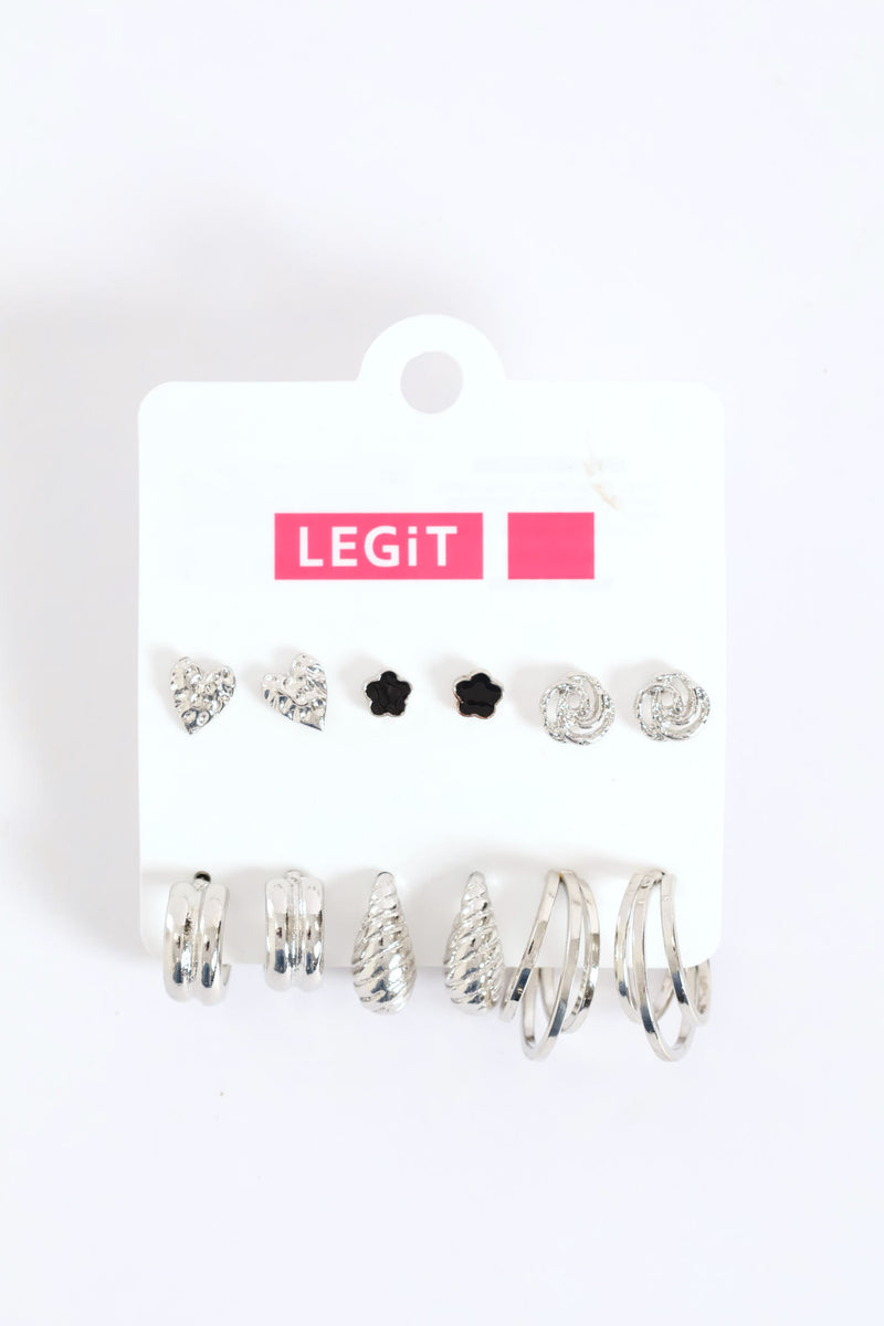 6 Pack Flower & Heart Stud & Hoop Earrings - Silver – LEGiT