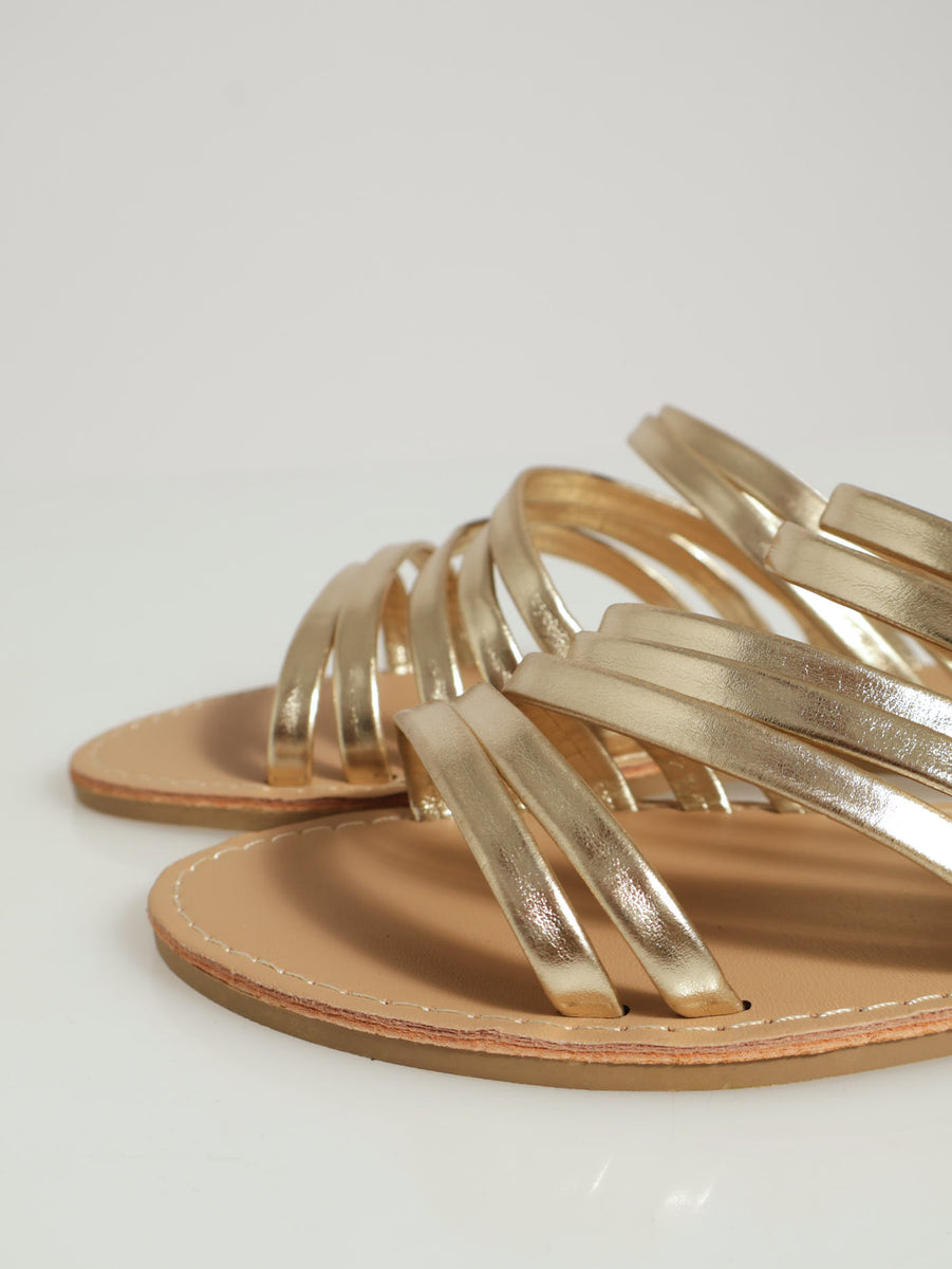 Flat Asymmetrical Multistrap Metallic Mule Sandal - Gold – LEGiT