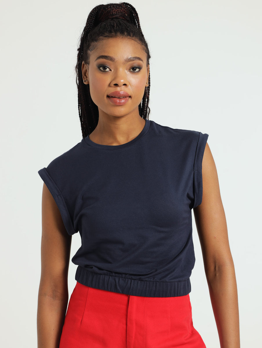 Ditsy Elastic Waist Turn Up Sleeve Top - Navy – LEGiT