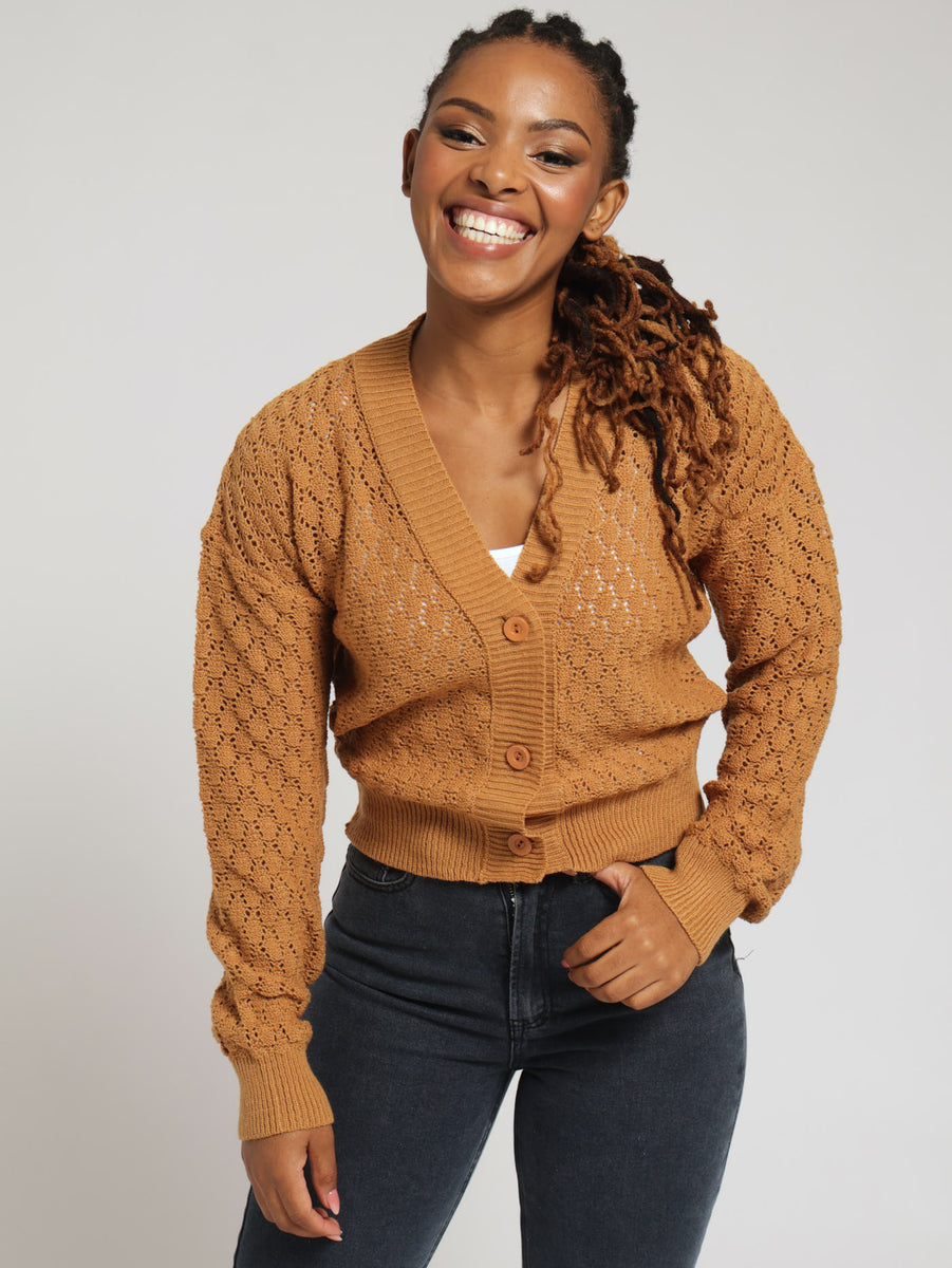 Textured Button Up Cardigan - Caramel – LEGiT