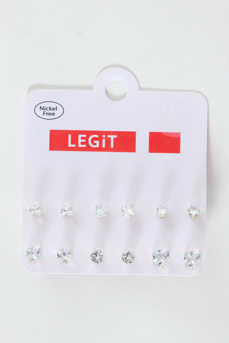 6 Pack Variety Diamante Heart Stud Earrings - Silver – LEGiT