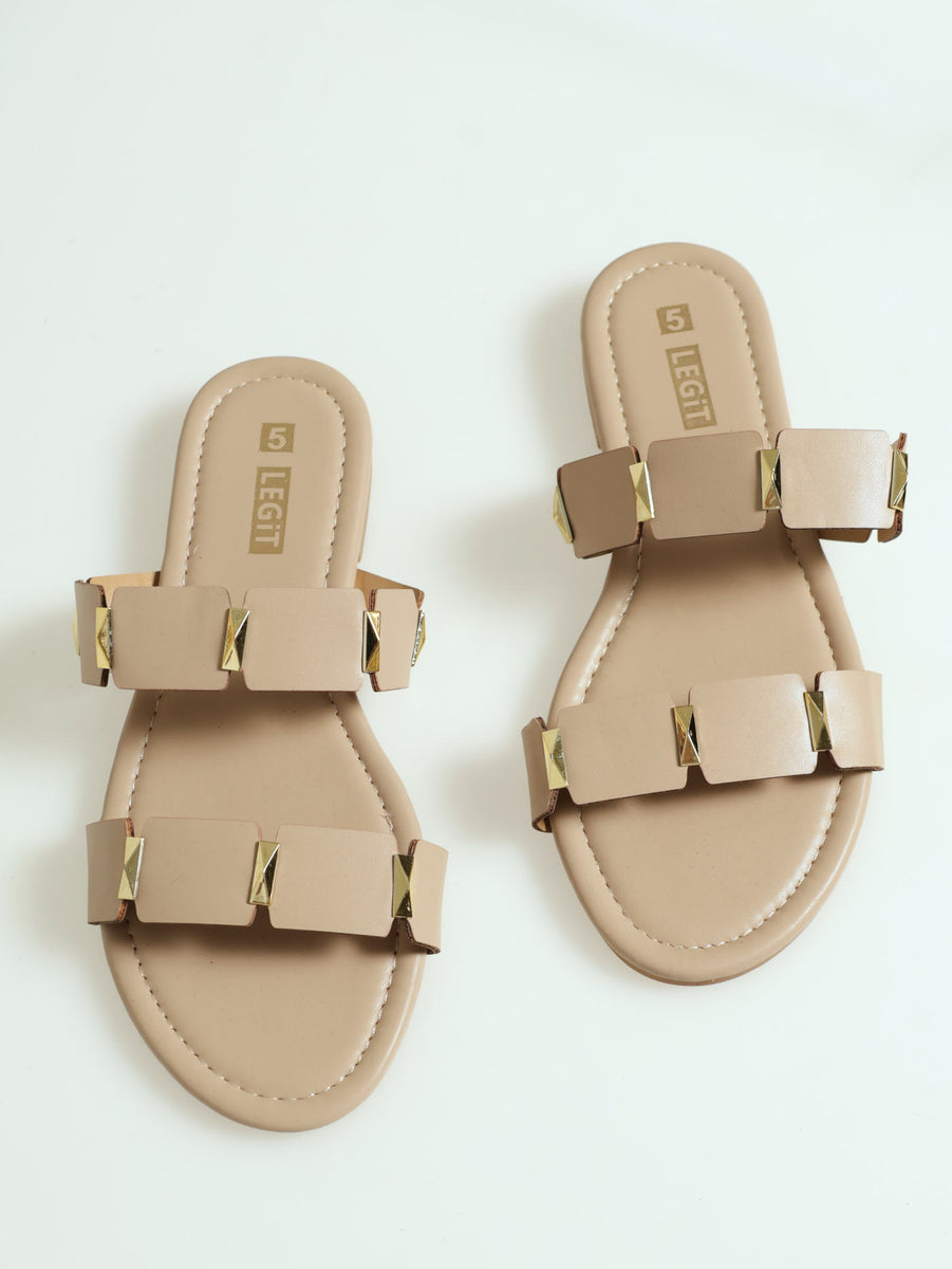 Flat-Two Strap Push In Sandal With Linked Stud Detail - Taupe – LEGiT
