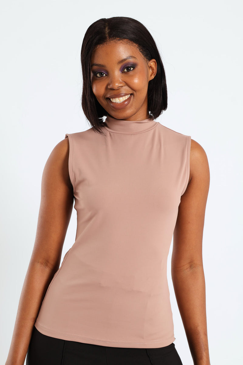Sleeveless High Neck Slinky Top - Brown – LEGiT