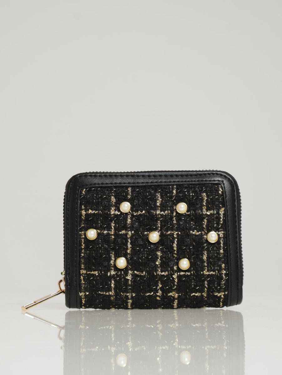 Boucle & Pearl Detail Single Zip Purse - Black – LEGiT