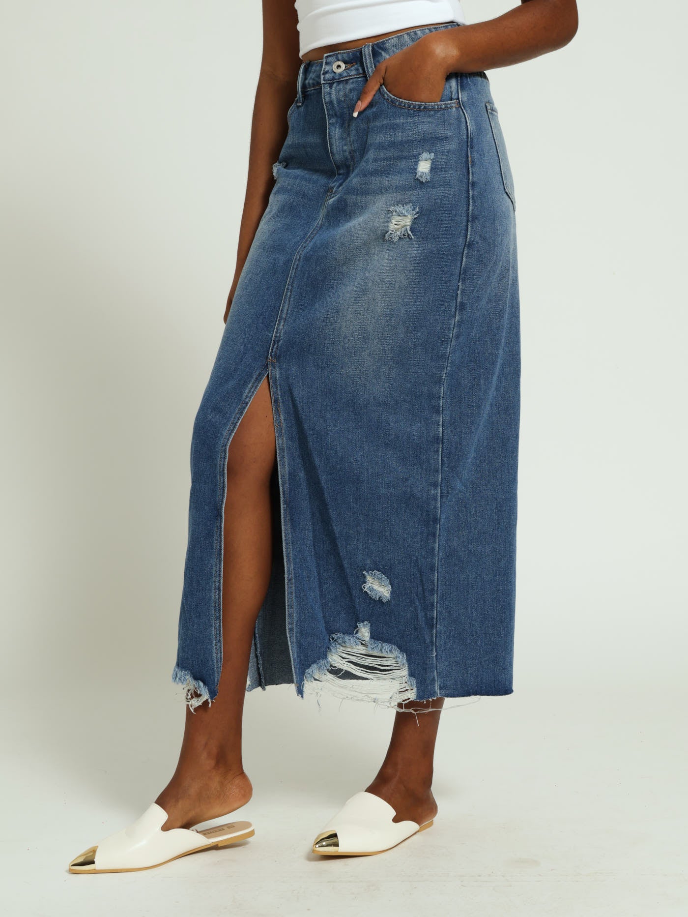 Abraised Denim Midi Skirt - Stonewash – LEGiT