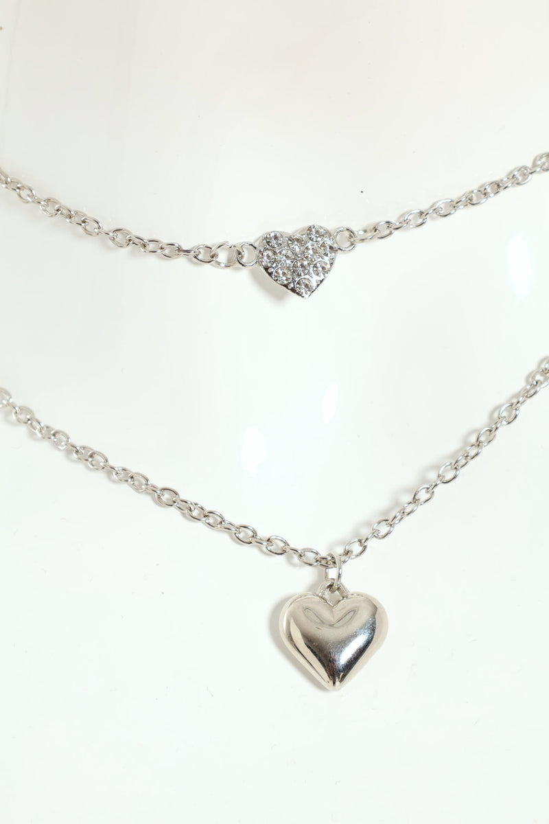 2 Layer Diamante Heart & Solid Heart Necklace - Silver – LEGiT