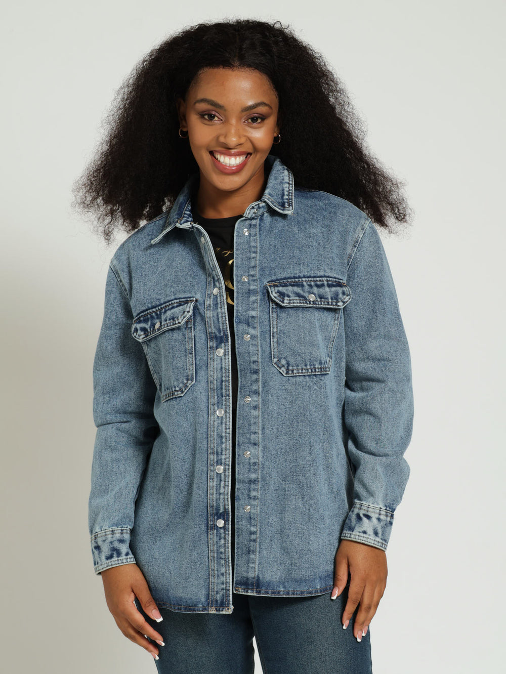 Popper Detail Denim Shacket - Medium Wash – LEGiT