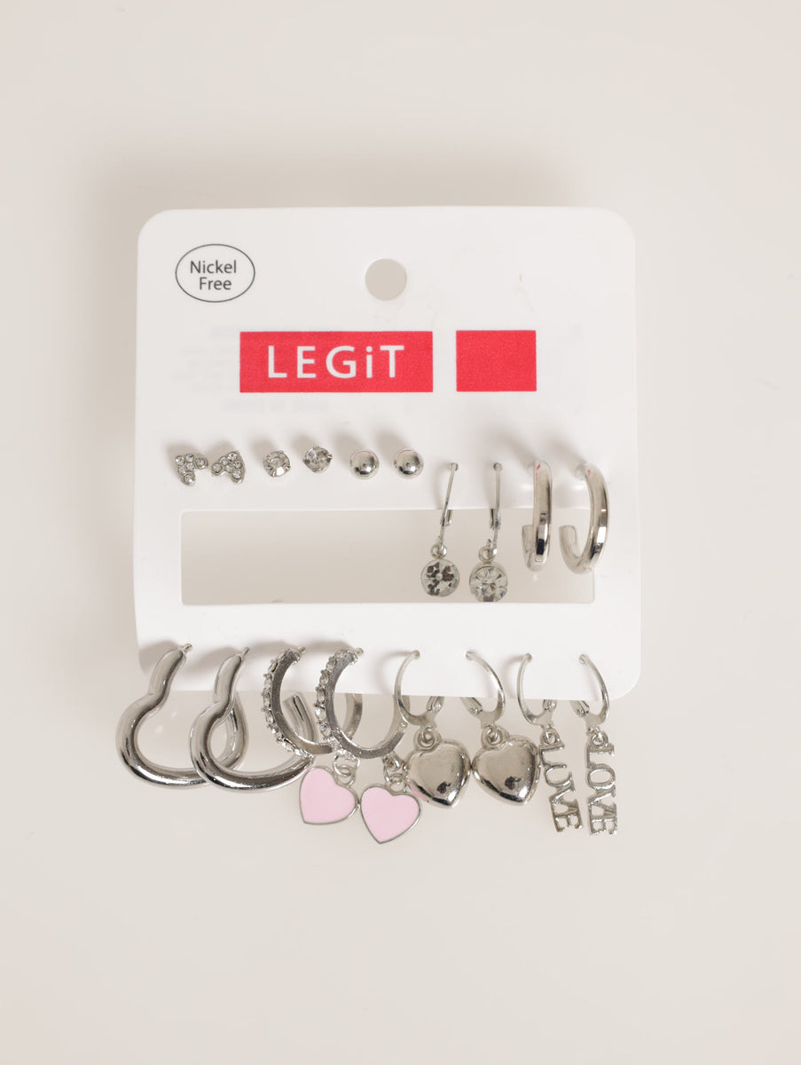 9 Pack Love Slogan & Heart Earrings – LEGiT