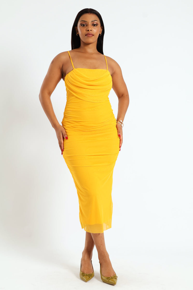 Draped Centre Front Bust Mesh Bodycon Dress - Gold – LEGiT