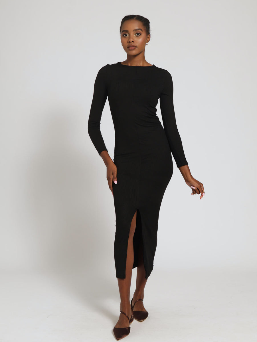 Long Sleeve Round Neck Rib Midi Dress - Black – LEGiT