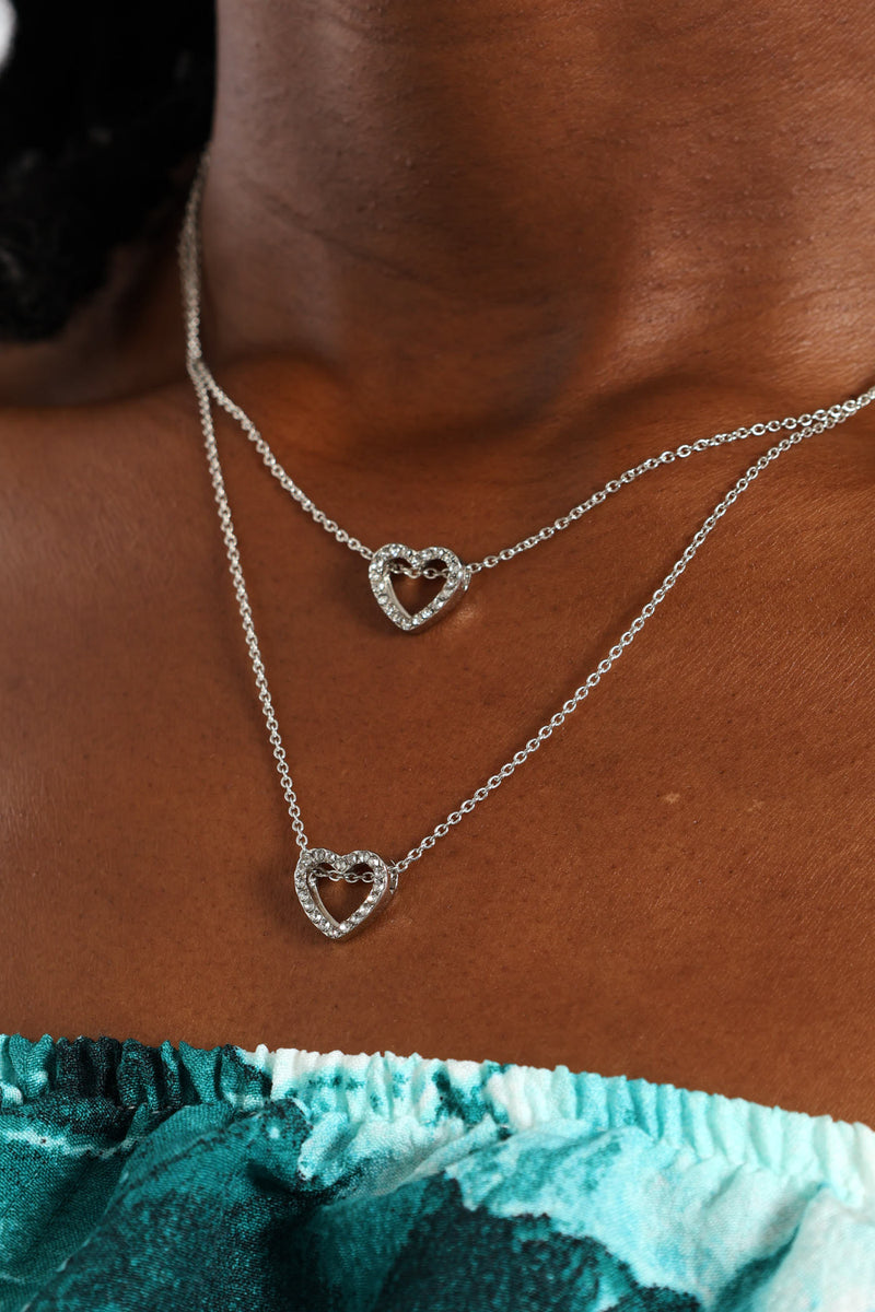 2 Layer Mini Heart Charm Pendant Necklace & Heart Stud Earrings - Silv ...
