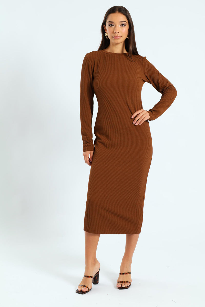 Long Sleeve Ribbed Figure Hugging Bodycon Dress - Brown – LEGiT