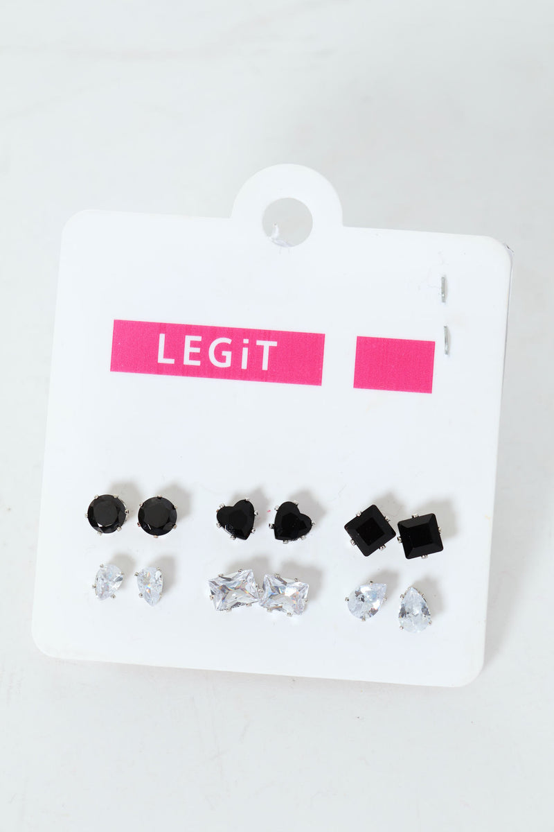 6 Pack Novelty Diamante Stud Earrings - Silver – LEGiT