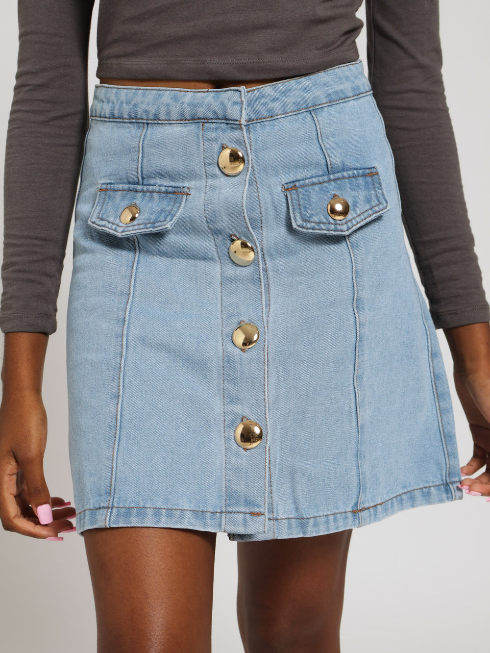 Fancy Button Front Denim Mini Skirt - Stonewash – LEGiT
