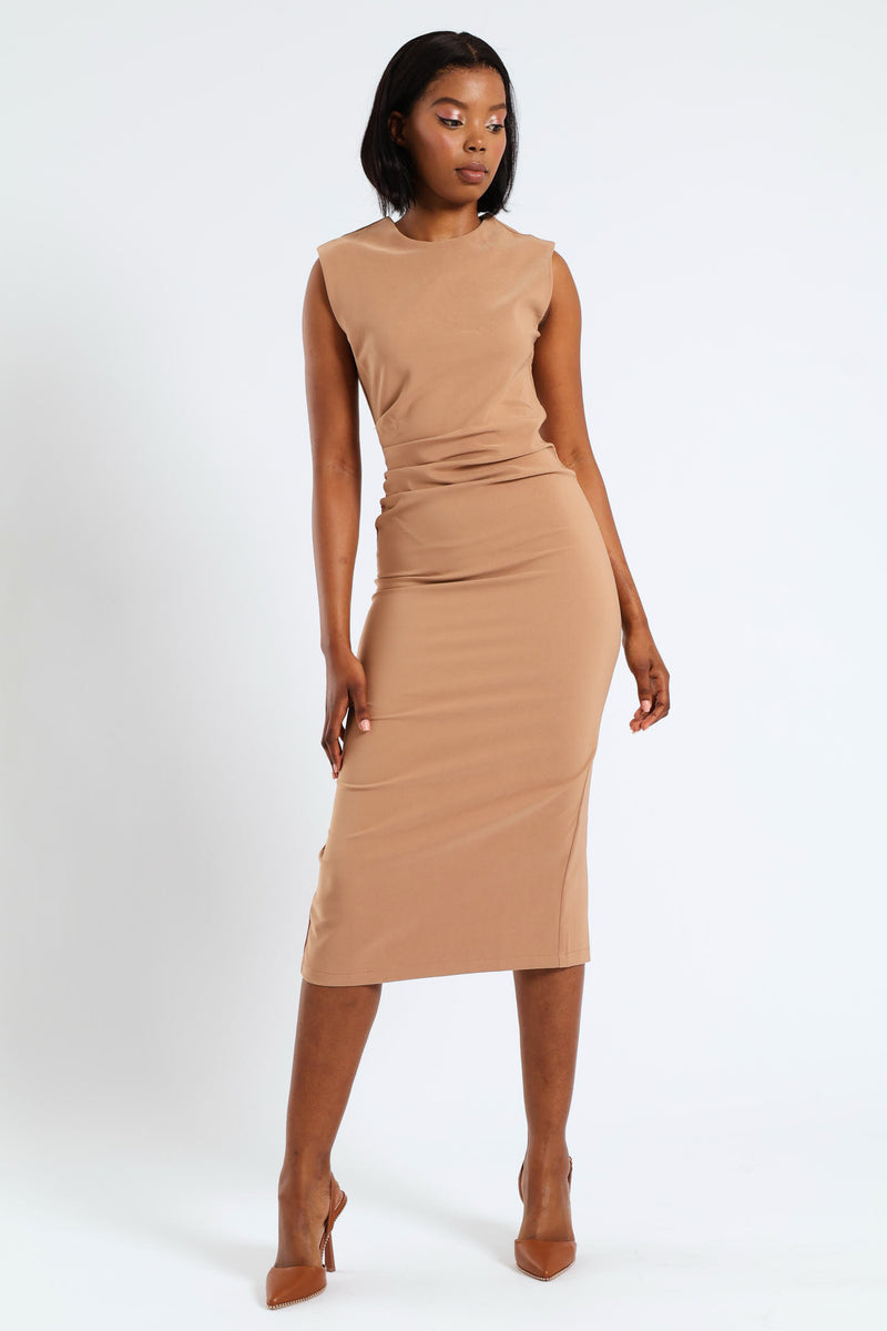 Sleeveless Midi Side Ruching Dress - Tan – LEGiT