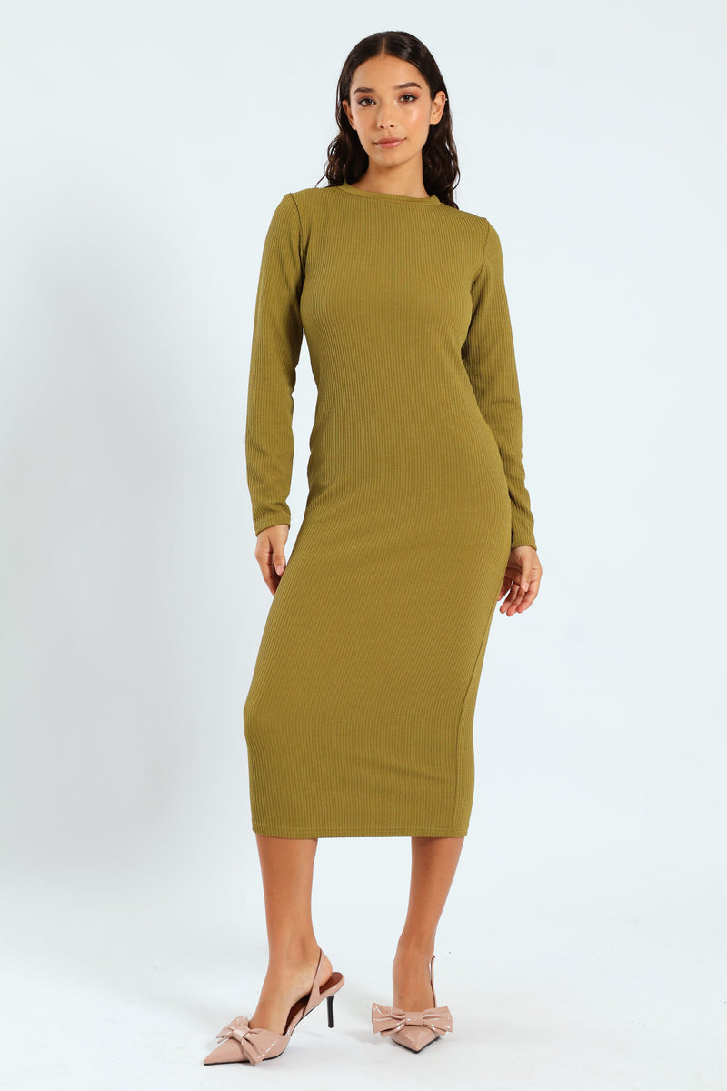 Long Sleeve Ribbed Figure Hugging Bodycon Dress - Moss Green – LEGiT