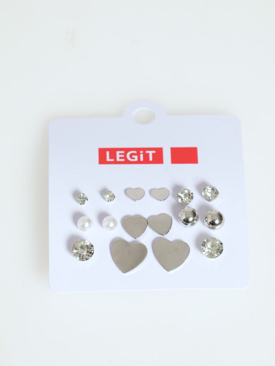 8 Pack Diamante & Heart Stud Earrings - Silver – LEGiT