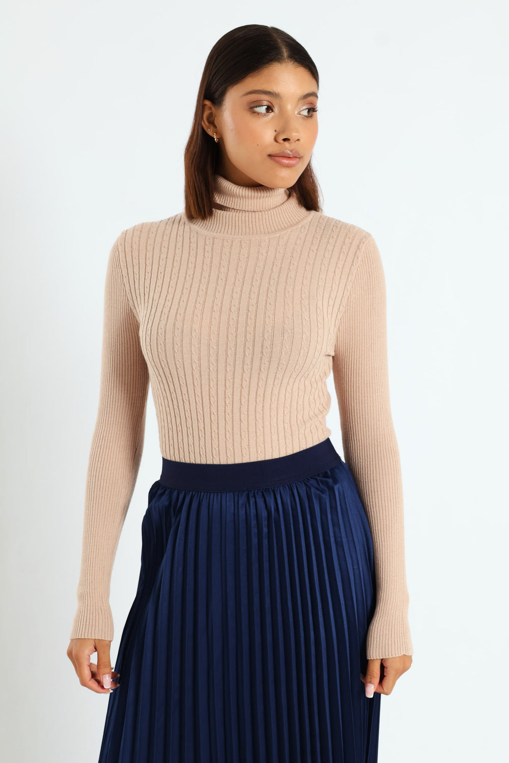Cable Knit Polo Neck Top - Beige – LEGiT