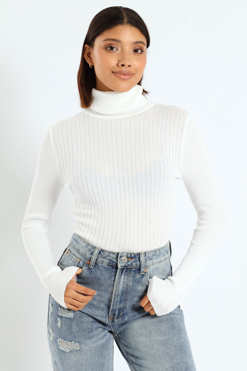Cable Knit Polo Neck Top - White – LEGiT