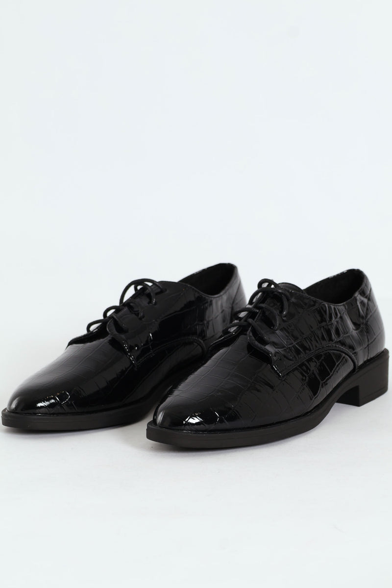 Classic Pointed Croc Patent Lace Up Loafer - Black – LEGiT