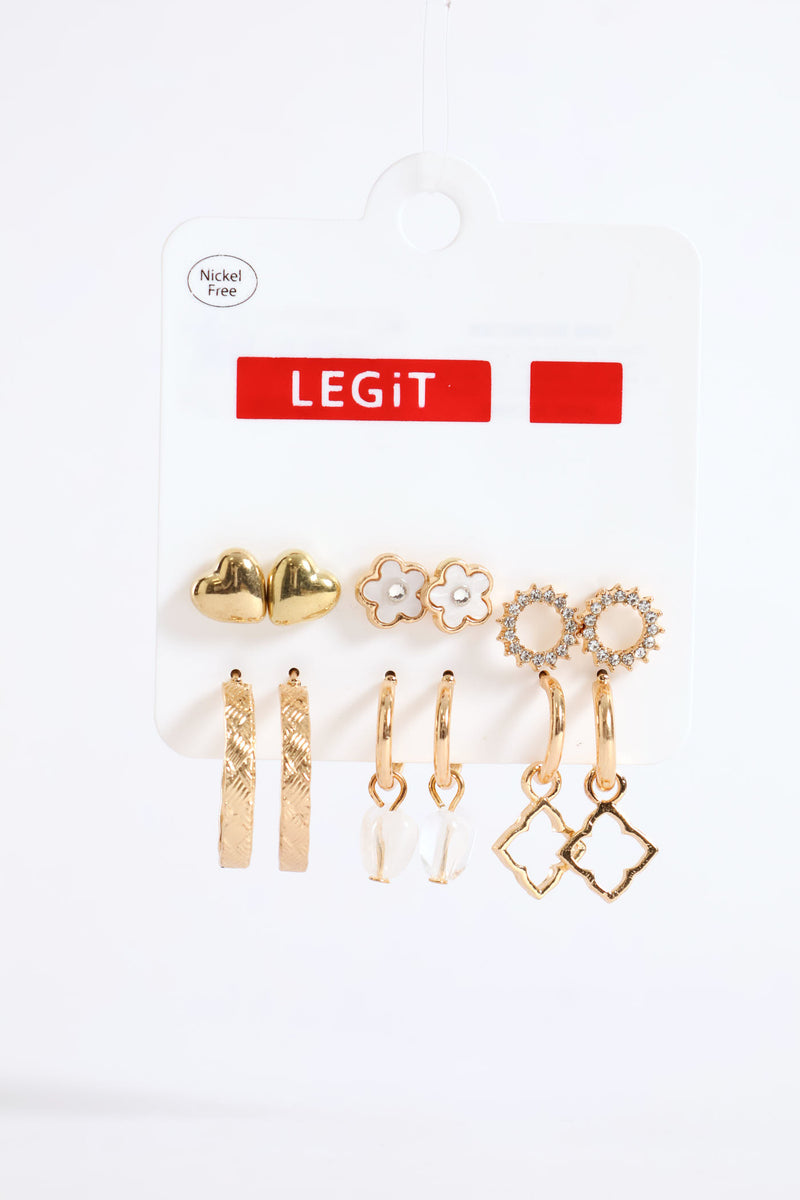 6 Pack Novelty Diamante Stud & Hoop Earrings - Gold – LEGiT