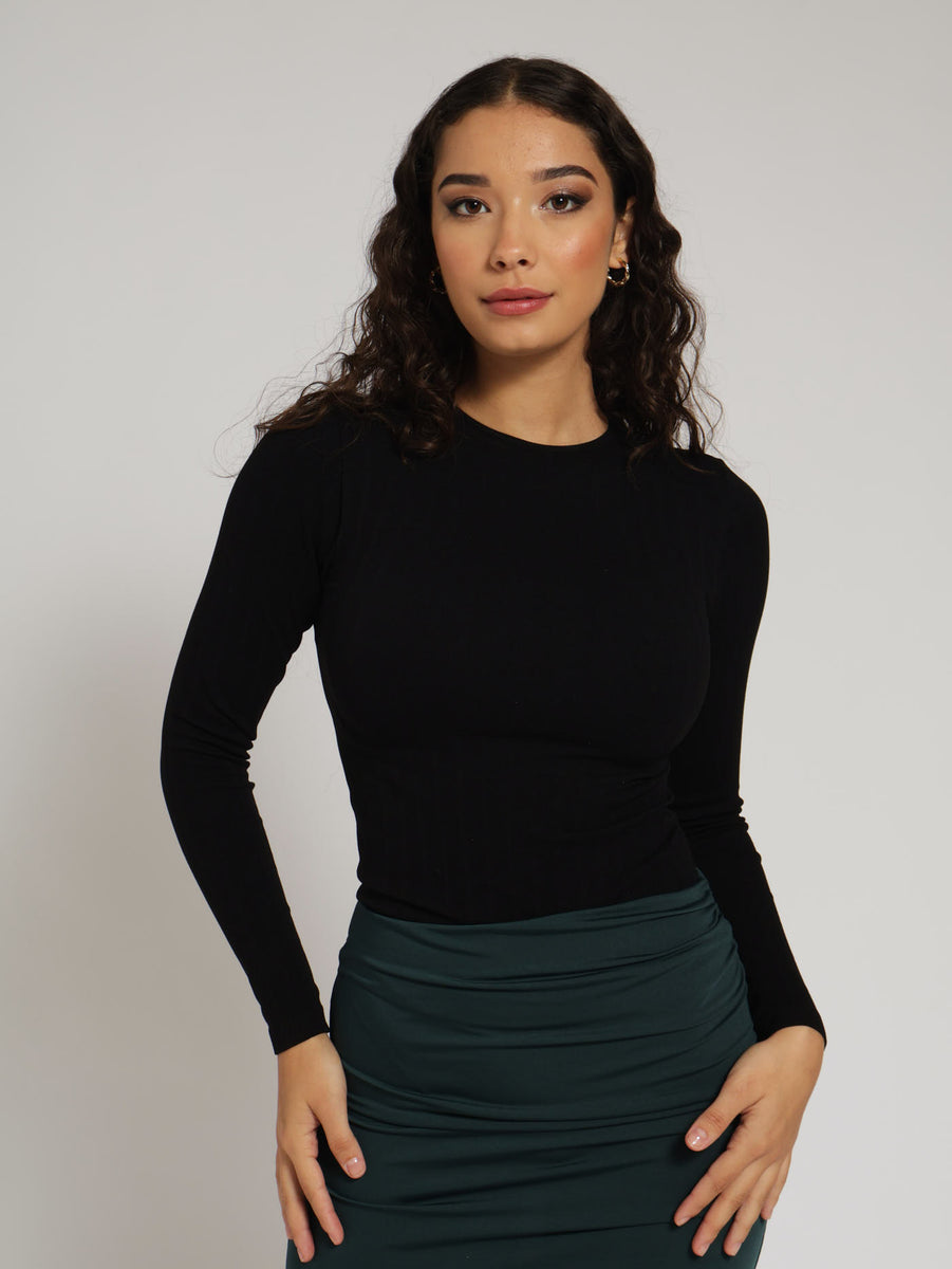 Wide Ribb Crew Neck Seamless Top - Black – LEGiT