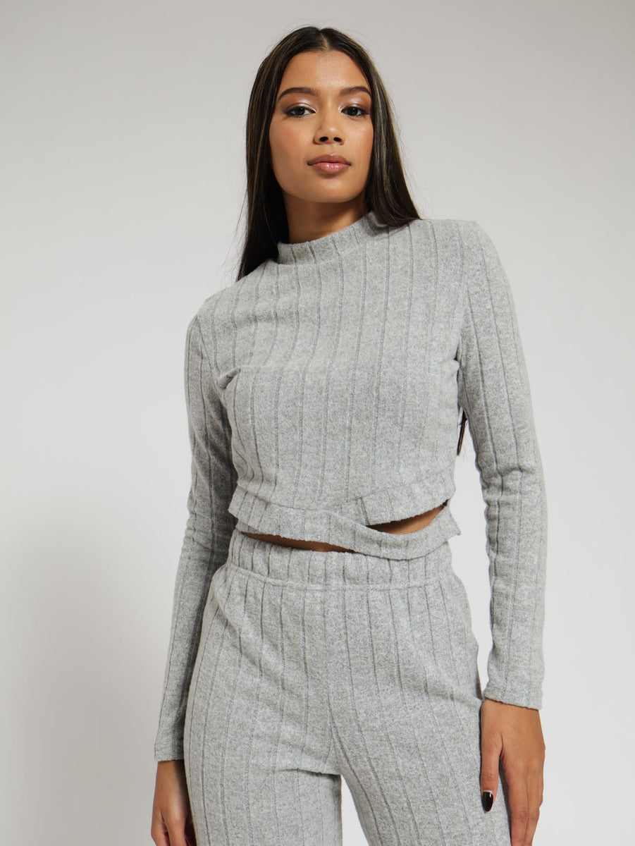 Long Sleeve Brushed Ribb Cross Hem Top - Grey Melange – LEGiT