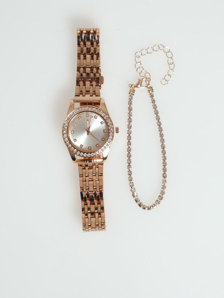 2 Pack Round Dial Watch With Diamante Bracelet - Rose Gold – LEGiT