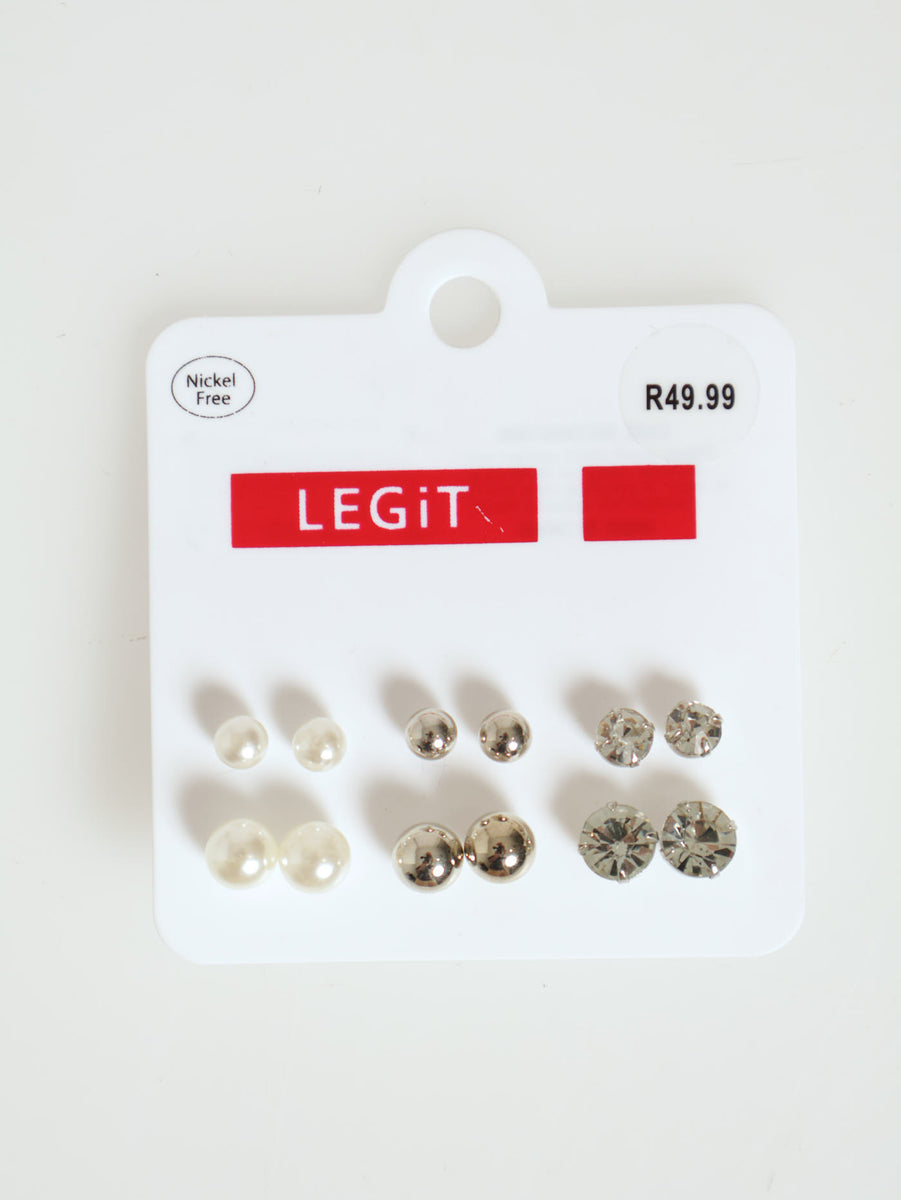 6 Pack Diamante Pearl Stud Earrings - Silver – LEGiT