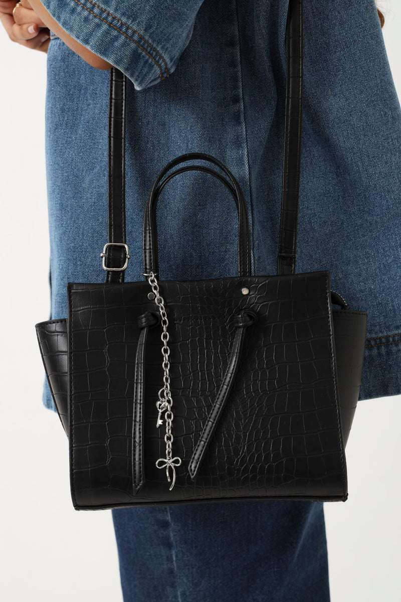 Heart Charm Double Front Knot Tote Bag - Black/Silver – LEGiT