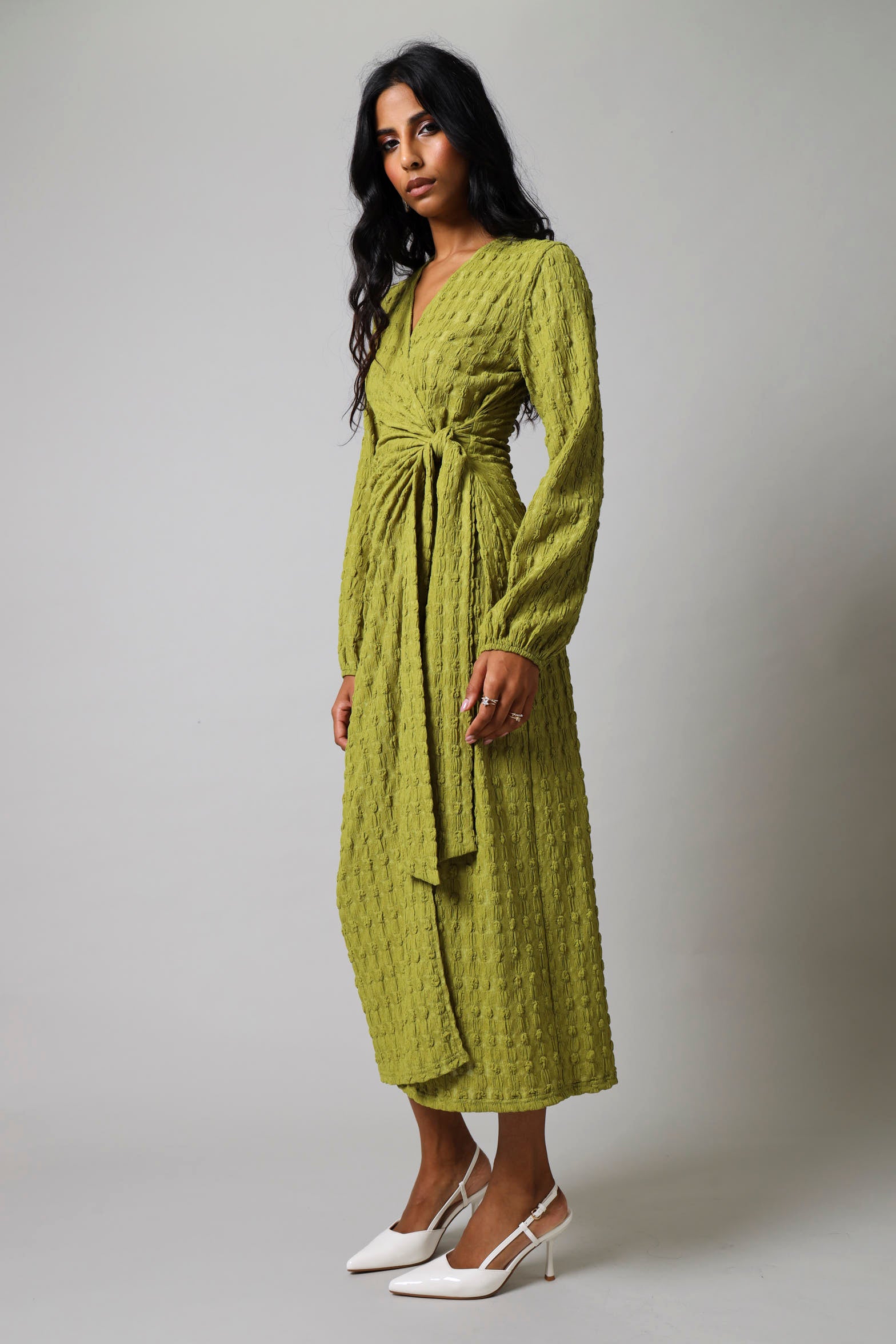 Long Sleeve Wrap Textured Dress - Green – LEGiT