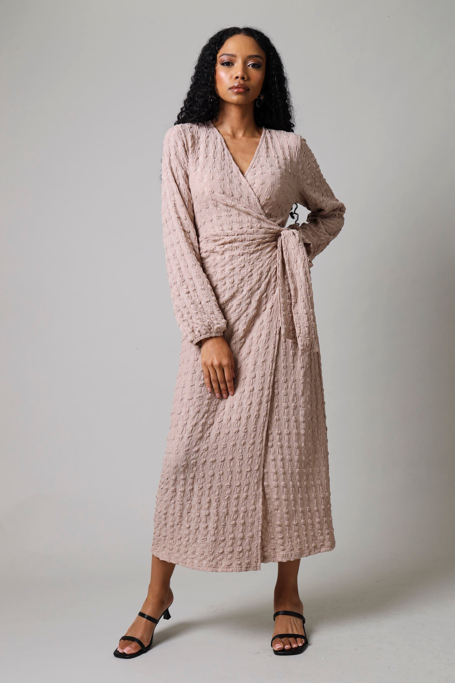 Long Sleeve Wrap Textured Dress - Stone – LEGiT