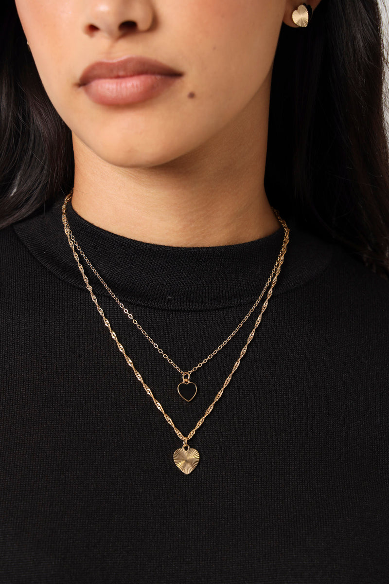 Double Layer Heart Necklace Matching Earrings - Gold – LEGiT