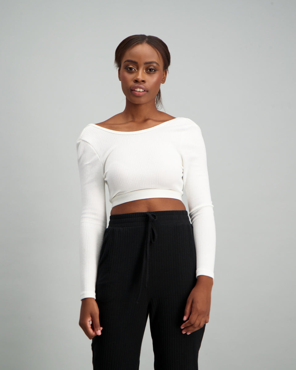 Long Sleeve V-Back Rib Top - White – LEGiT