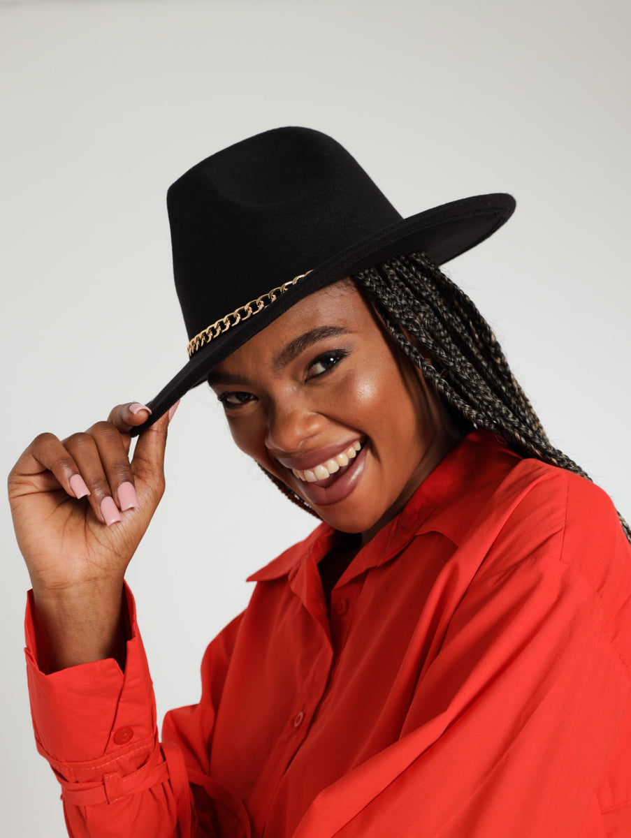 Felt Fedora With Chain Trim Hat - Black – LEGiT