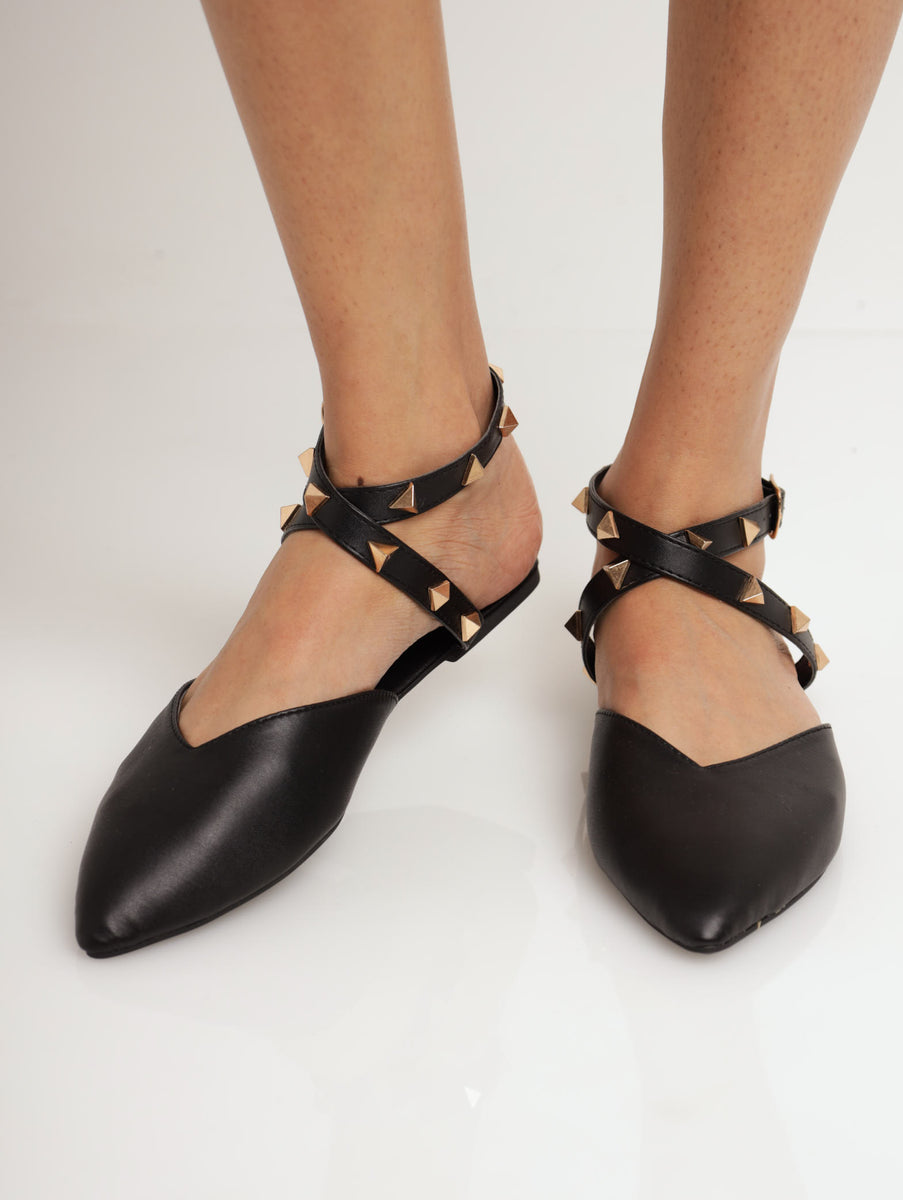 Pointy Toe Shoe With Pyramid Studded Ankle Strap - Black – LEGiT