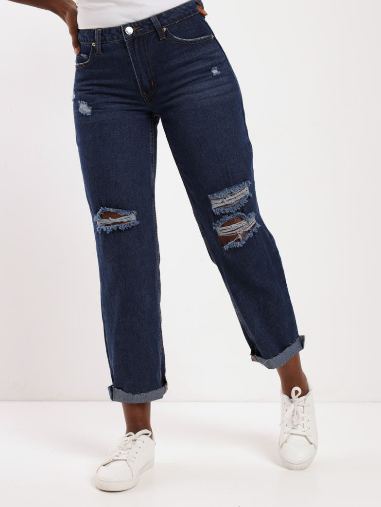 Dark Wash Ink Open Knee Boyfriend Denim Jean – LEGiT