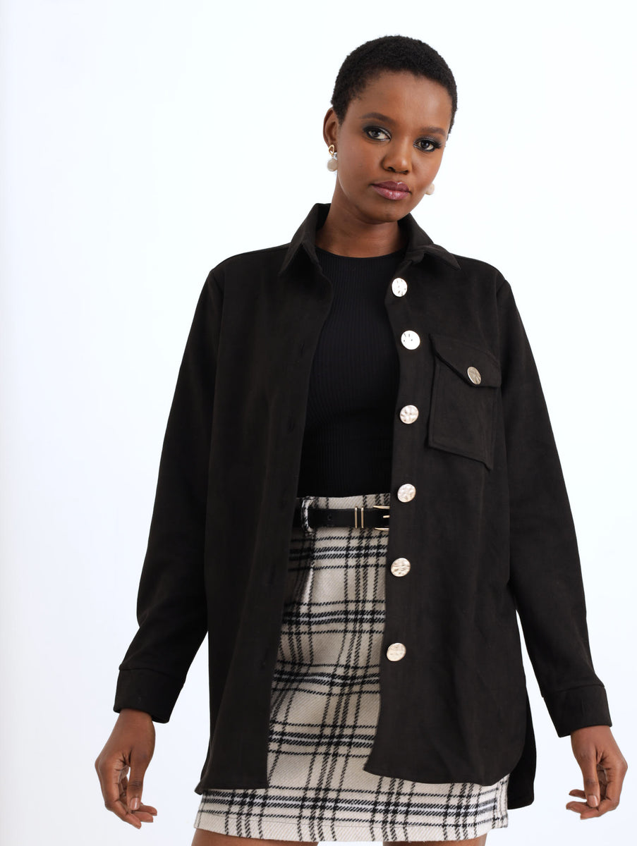 Suede Shacket With Fancy Buttons - Black – LEGiT